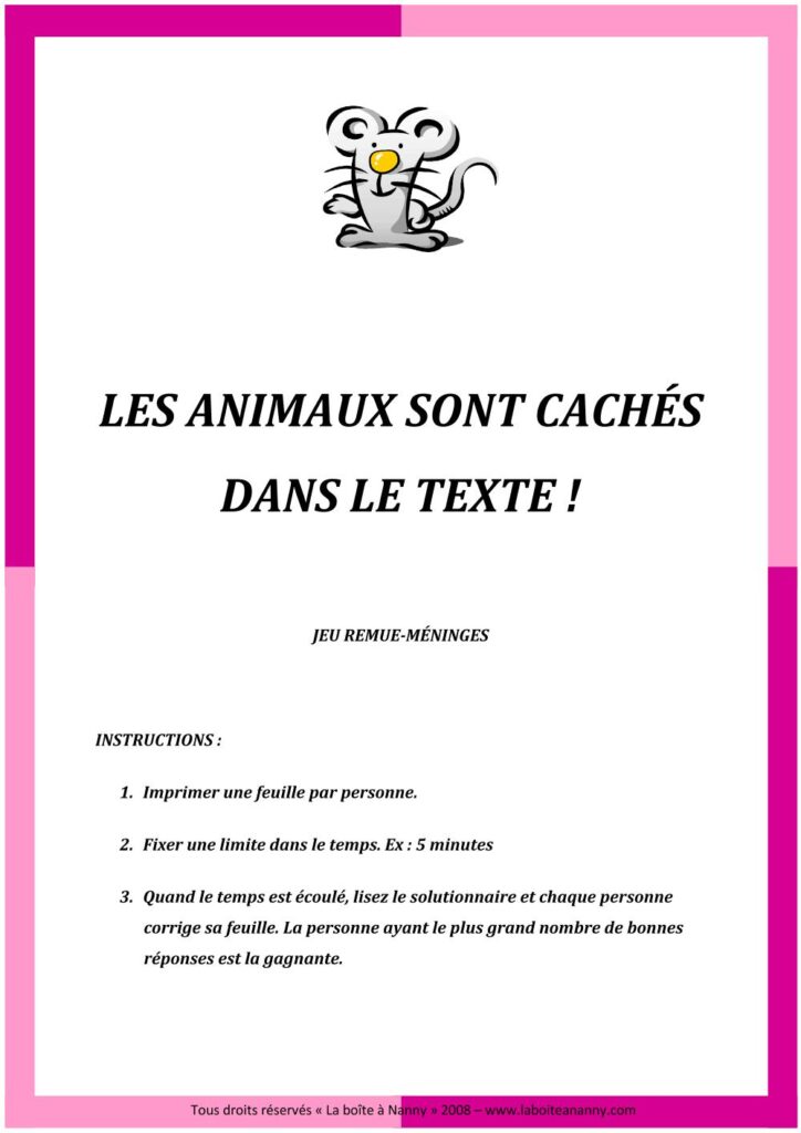Animaux cachés dans le texte jeu à imprimer gratuit : La boîte à Nanny