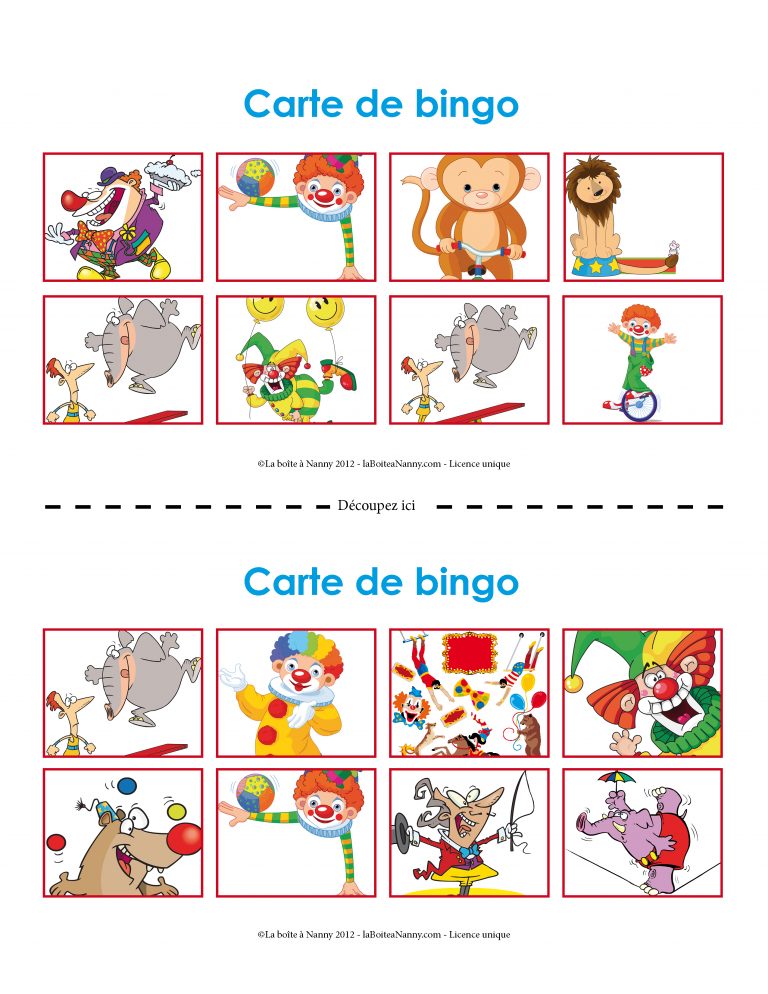 Bingo jeu d'animation pour les enfants thème du cirque: La boite à nanny